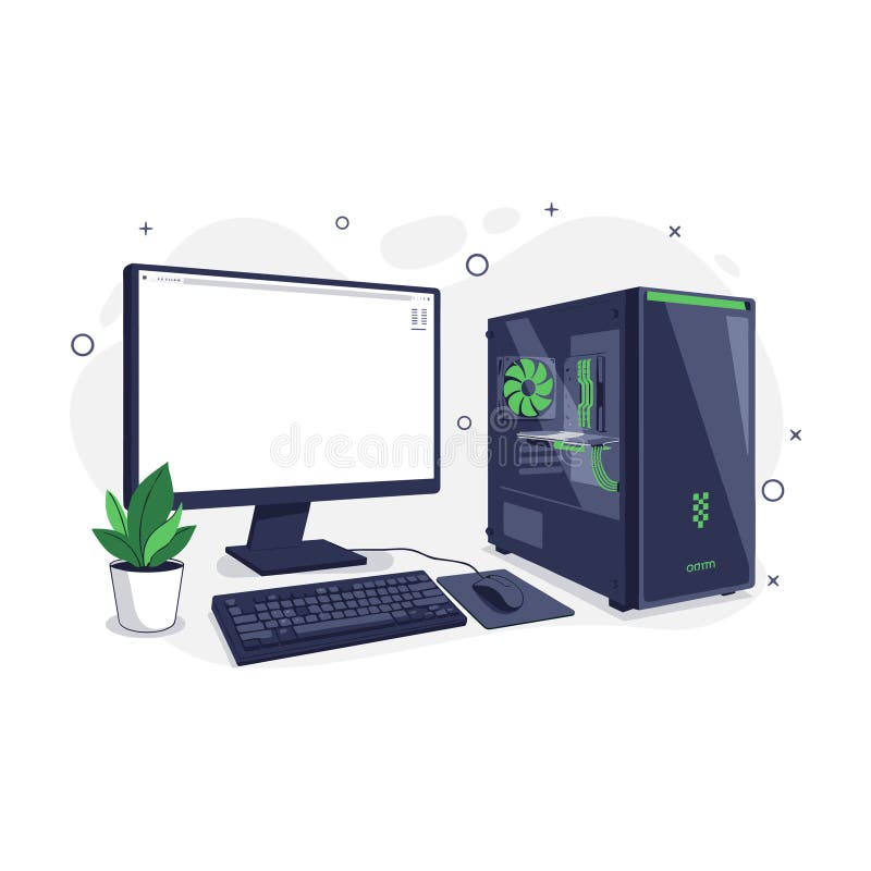 Clean Desktop Setup with Transparent Tower and Green Accents Stock ...
