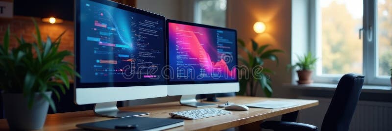 Clean Digital Marketing Office Setup, Screens Displaying Data , Data ...