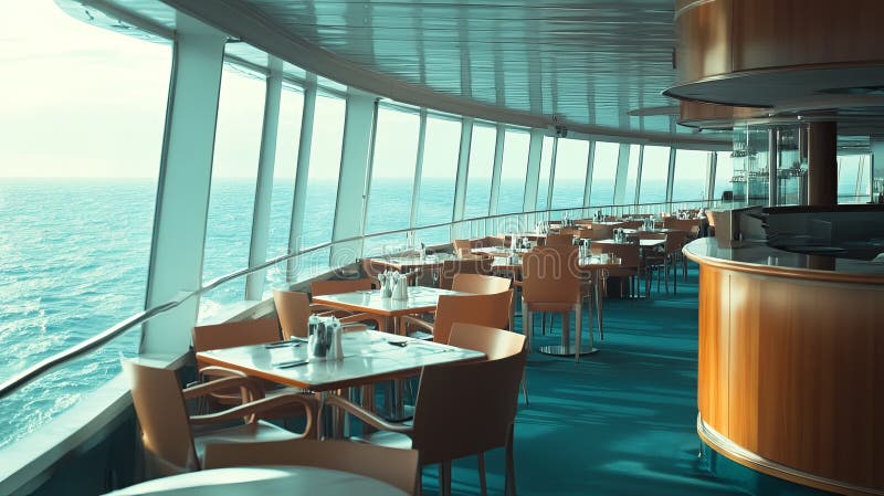 A Clean Dining Area on a Cruise Ship with Ocean Views through Large ...