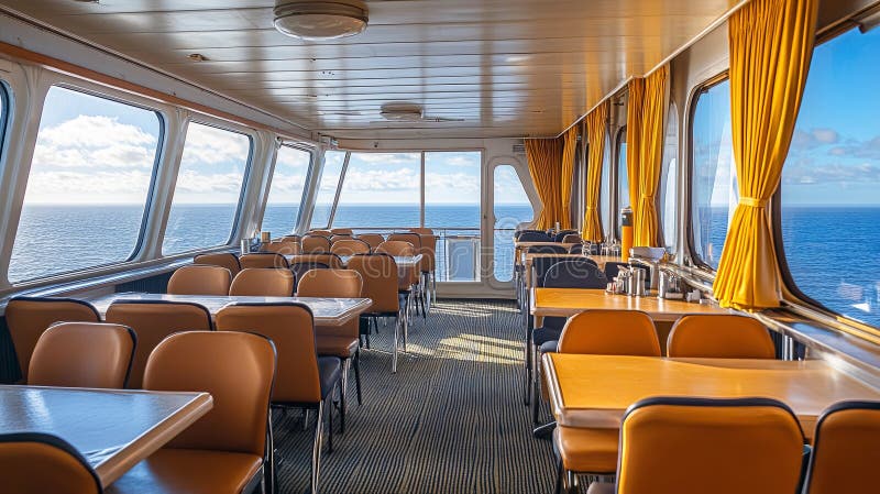 A Clean Dining Area on a Cruise Ship with Ocean Views through Large ...