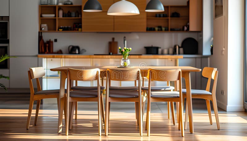 Clean Dining Table and Chairs in Interior of Kitchen Stock Illustration ...