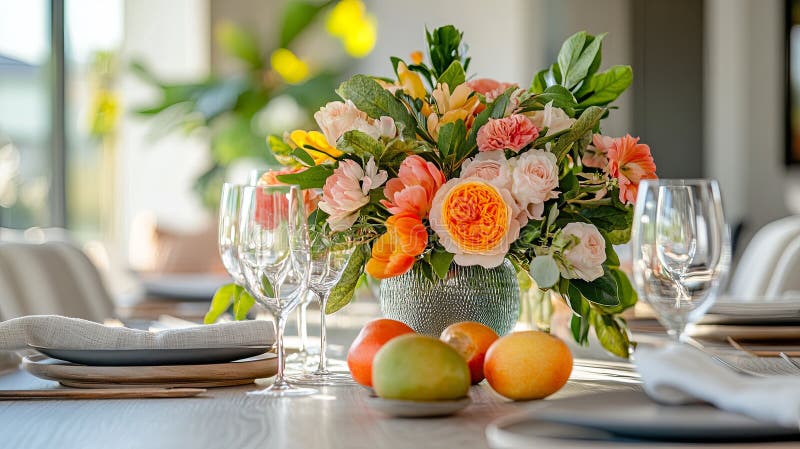 A Clean Dining Table Styled with Fresh Flowers and a Vibrant Fruit Centerpiece. Digital Stock ...
