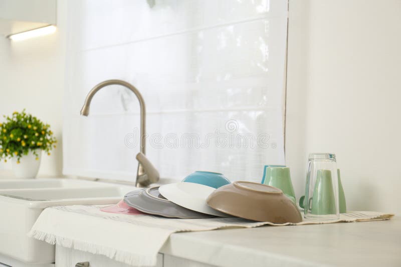 Dishes Drying on Counter in Kitchen Stock Image - Image of domestic ...