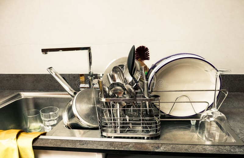 Clean Dishes Drying after Washing. Stock Image - Image of wash, white ...