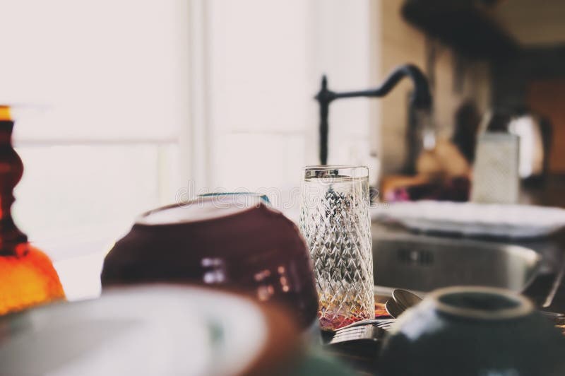 Clean Dishes in Modern Kitchen. Washing Plates, Glasses and Tableware ...