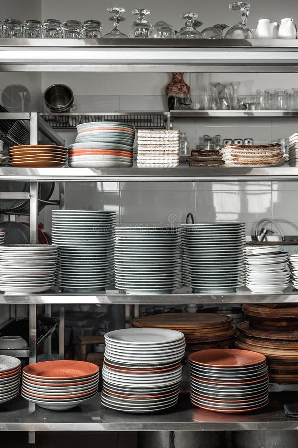 Clean Dishes in the Restaurant on the Shelves Stock Image - Image of ...