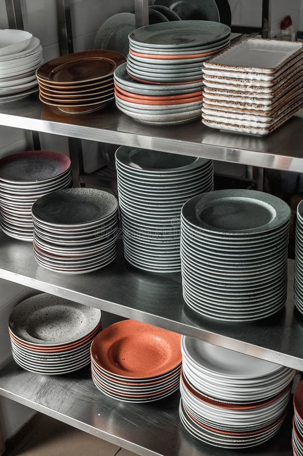 Clean Dishes in the Restaurant on the Shelves Stock Image - Image of ...