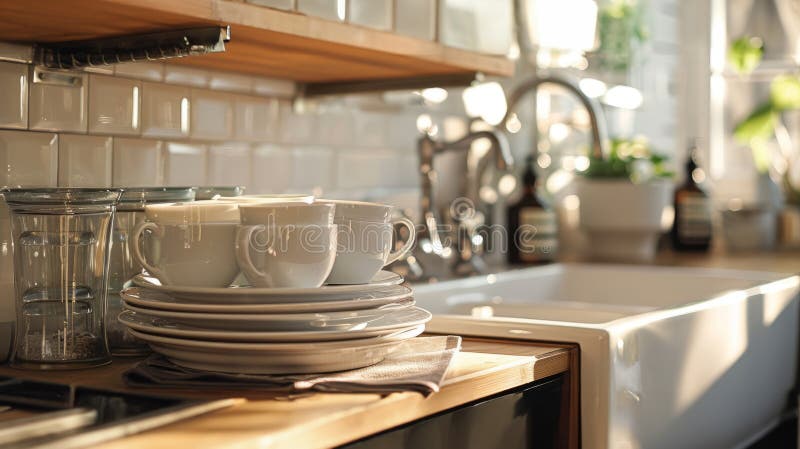 Clean Dishes Stacked in a Sunny Kitchen Stock Photo - Image of sunlight ...