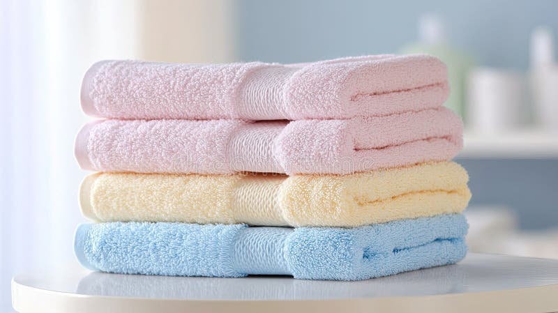 A Clean Display of Folded Towels Styled on a Pastel-colored Table. Pic ...