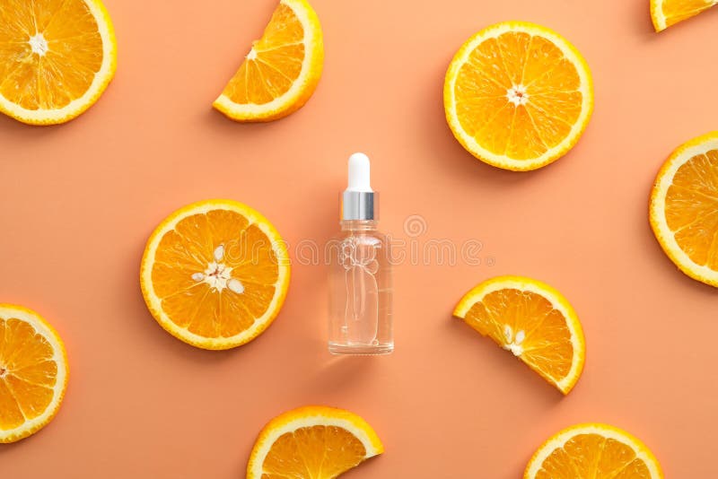 Clean Dropper Bottle Vitamin C Extract and Sliced Orange Top View Stock ...