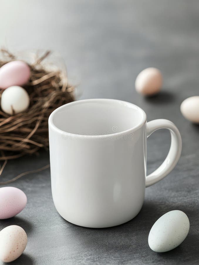 Clean Easter Mockup with Blank White Ceramic Mug and Colorful Eggs for ...