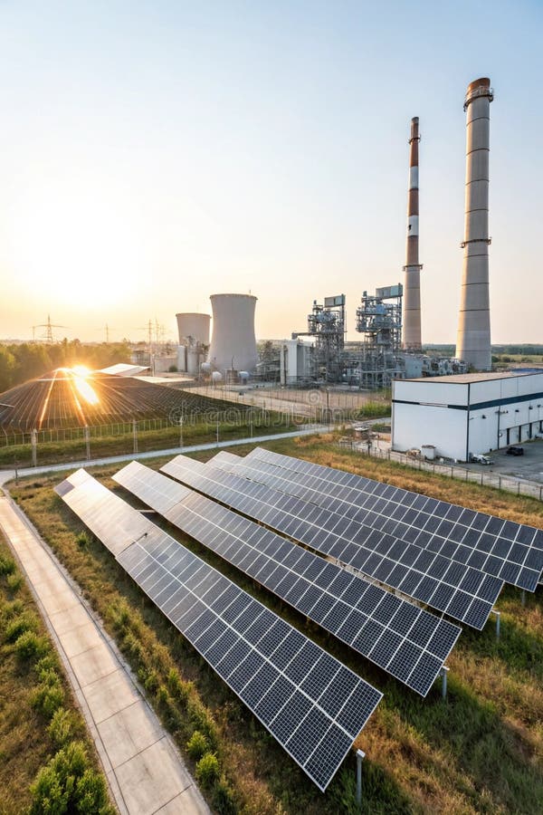 Power Plant Using Renewable Solar Energy with Sun Stock Illustration ...