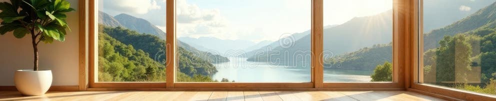Clean Edged Wooden Frame Against Panoramic Windows, Bright Interior ...