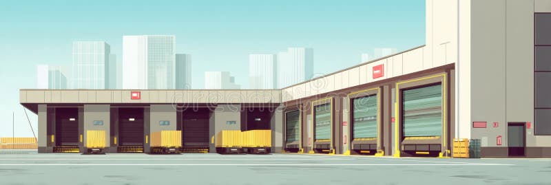 Modern Urban Logistic Hub Loading Dock with Trucks and a Skyline in the ...