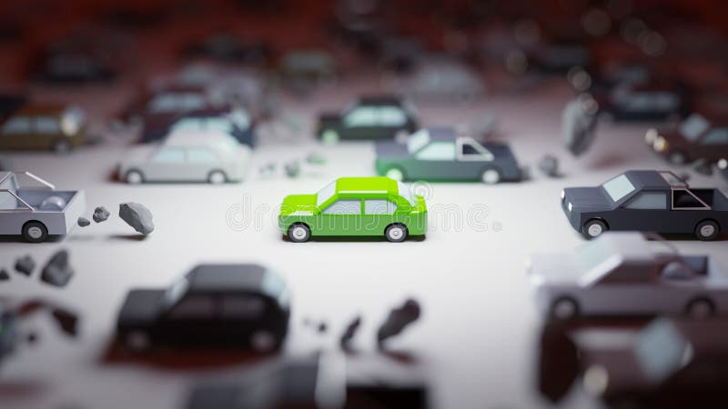 Clean, Electric Car among Gas-powered Vehicles. Low Poly Digital 3D ...