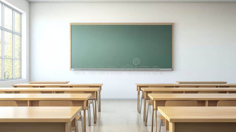 Clean and Empty Classroom Featuring Wooden Desks and Green Chalkboard ...