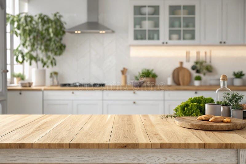 Empty Wood Table Top Counter and Blur Modern Kitchen Interior ...