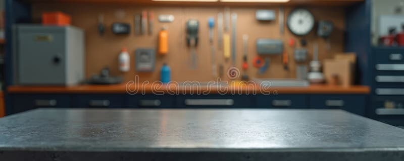Clean Empty Metal Workbench Surface, Blurred Background of Garage ...