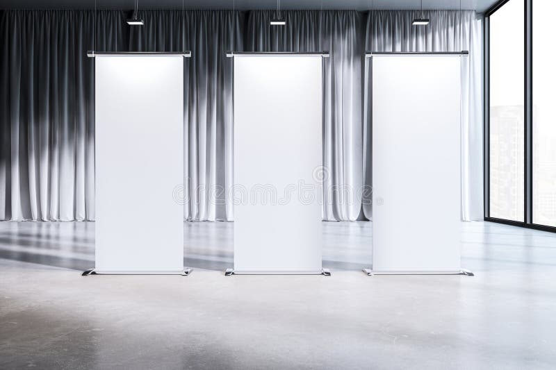 Clean and Empty Mockup of Three Roll-up Banners in a Modern Interior ...