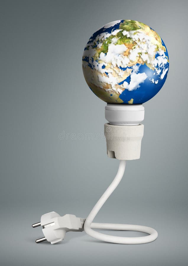 Clean Energy Concept, Light Bulb with Planet Earth and Plug Stock ...