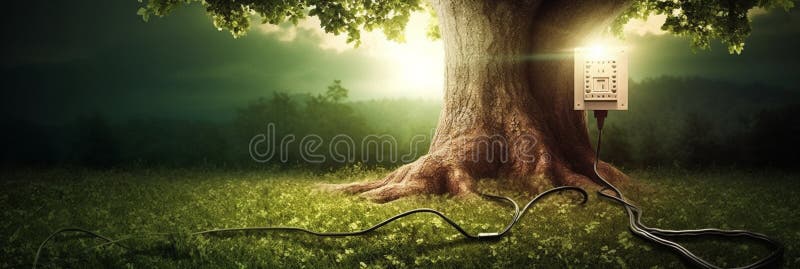 Clean Energy: Green Connection between Tree and Power Cables. Stock ...