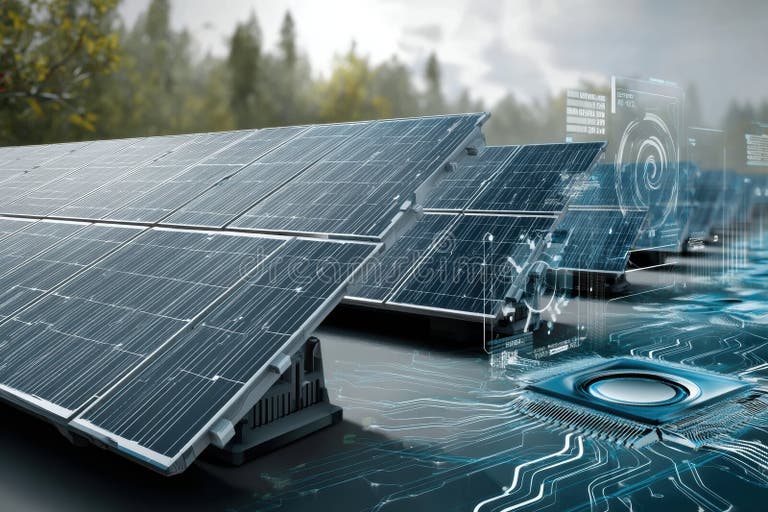 Clean Energy Technology Featuring Solar Panels and AI Optimization in a ...