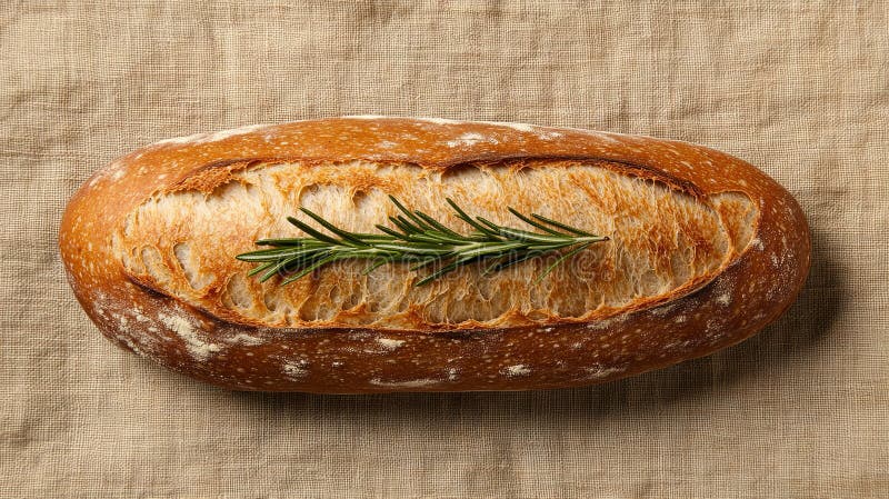A Clean Flat Lay of Artisan Bread with a Single Sprig of Rosemary on a ...