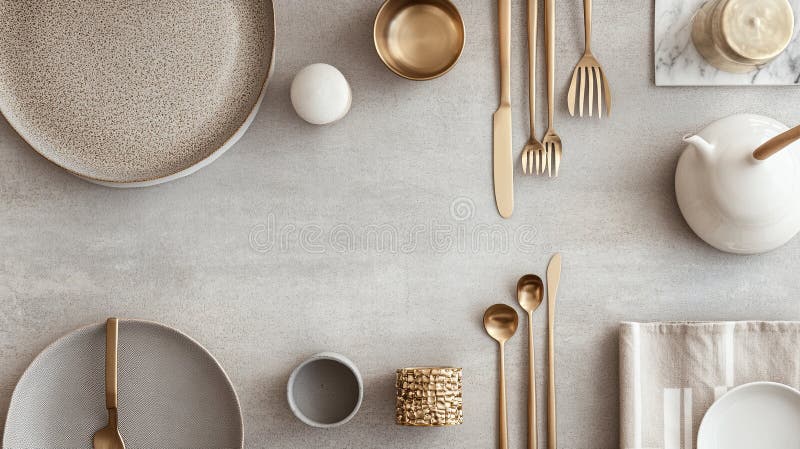 A Clean Flat Lay of Luxury Kitchen Accessories Styled with Metallic ...