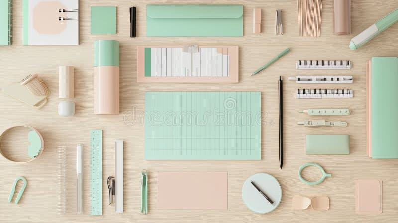 A Clean Flat Lay of Office Supplies Styled on a Light Wooden Table ...