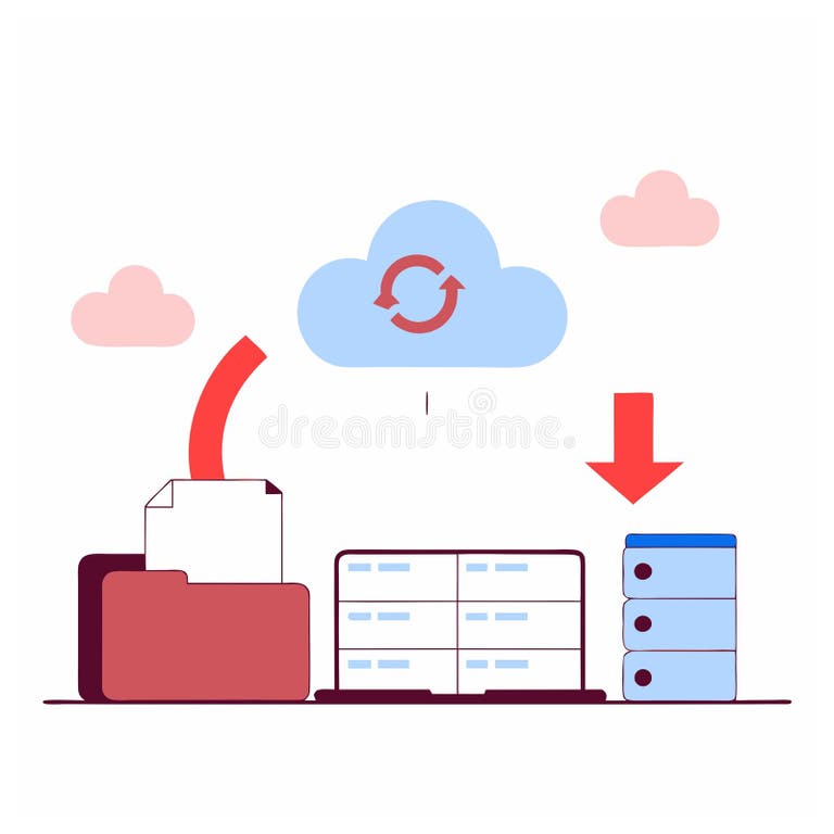Cloud Data Storage and Synchronization Vector Illustration with Files, Database, and Server on ...