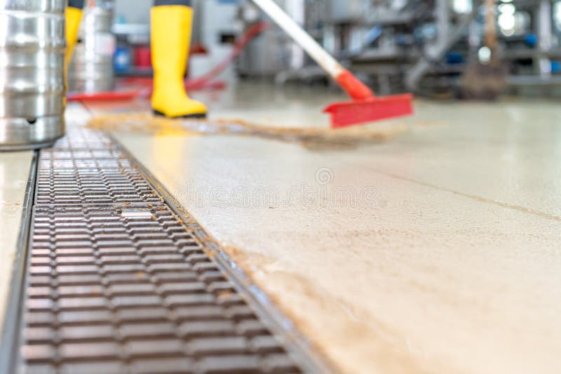 Clean the Floors with Water and Squeegee in the Brewery Stock Image ...