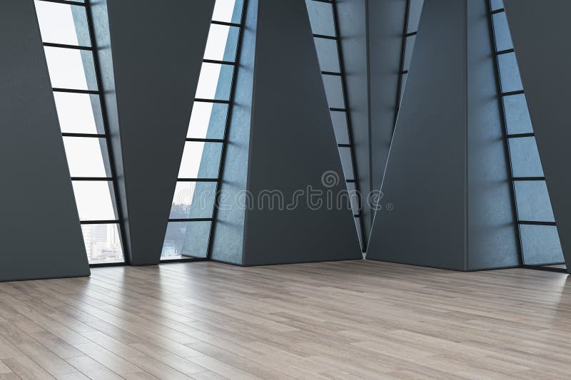 Clean Gallery Interior with Abstract Windows, City View and Wooden ...