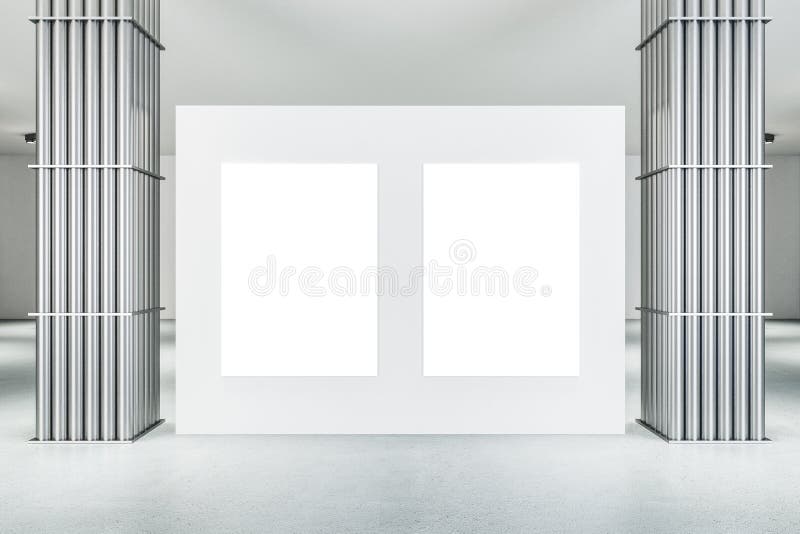 Clean Gallery Interior with Two Vertical Blank Posters on Wall Stock ...