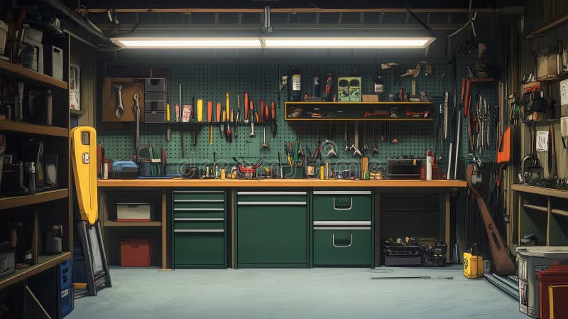 A Clean Garage with a Workbench and Labeled Bins for Tools and Stock ...