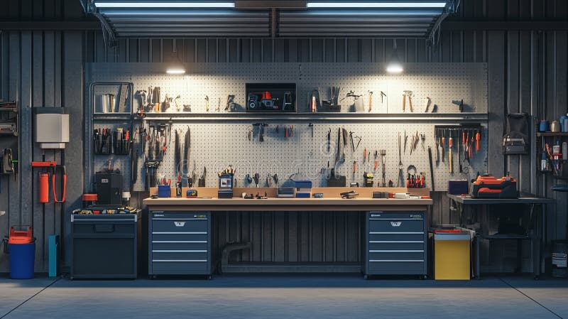 A Clean Garage with a Workbench and Labeled Bins for Tools and Stock ...