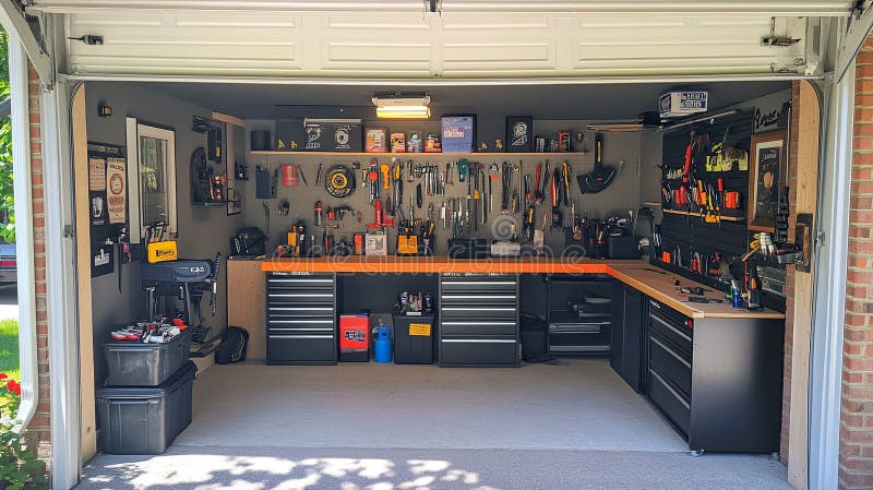 A Clean Garage with a Workbench and Labeled Bins for Tools and Stock ...
