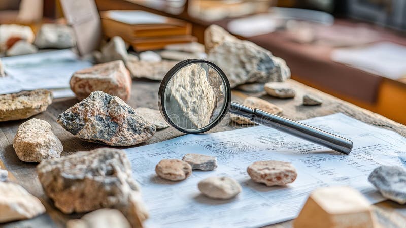 A Clean Geology Class Display with Rock Samples, a Magnifying Glass ...
