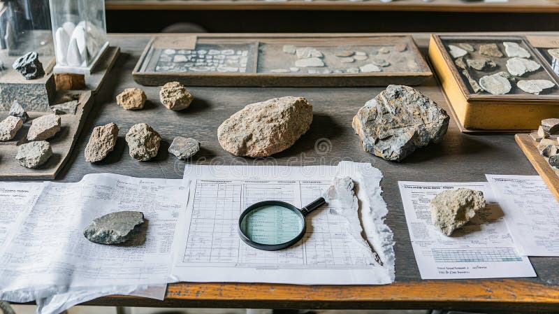 A Clean Geology Class Display with Rock Samples, a Magnifying Glass ...