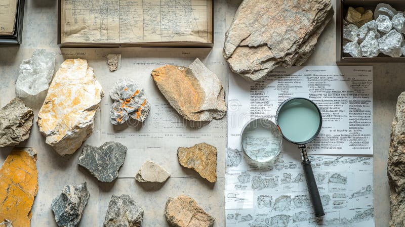 A Clean Geology Class Display with Rock Samples, a Magnifying Glass ...