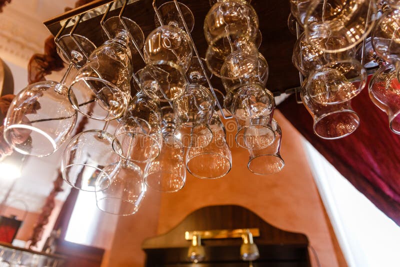 Clean Glass Glasses Hang in the Restaurant Stock Image - Image of drink ...