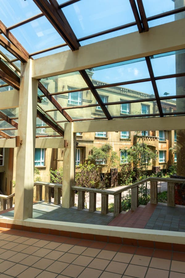 Clean Glassed Roof with a Wood Structure Over a Hallway Stock Image ...