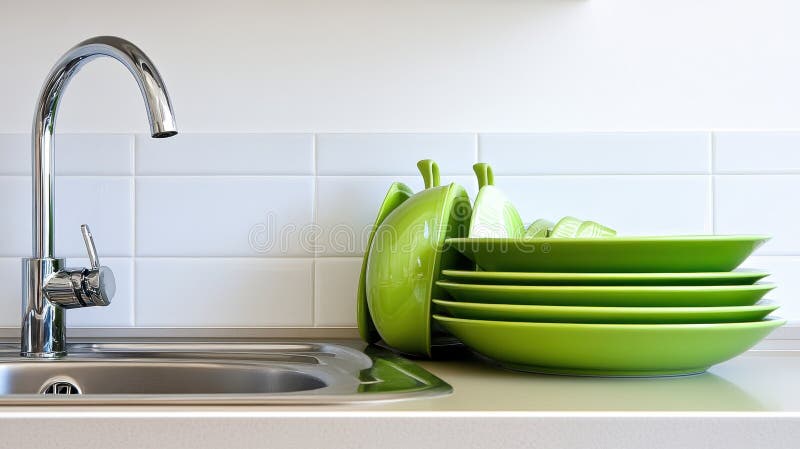 Clean Green Dishes & Silver Faucet: Bright Kitchen Scene Stock Photo ...