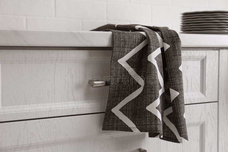 Clean Grey Towel Hanging on Kitchen Counter Stock Photo - Image of care ...