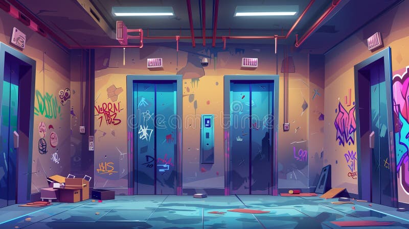 Clean Hallway with Open and Closed Elevator Doors. Modern Cartoon ...