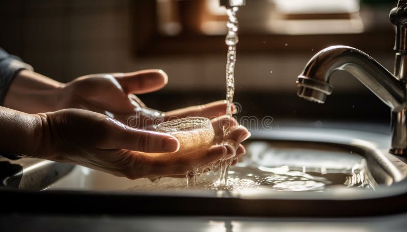 Clean Hand Pouring Fresh Water into Bowl Generated by AI Stock ...