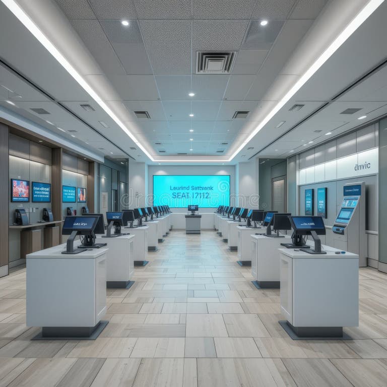 Clean, High-tech Banking Environment with Sleek Counters and Digital ...