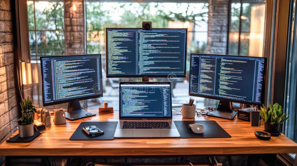 Software Engineer Working from Home Office Using Multiple Monitors Stock Image - Image of ...