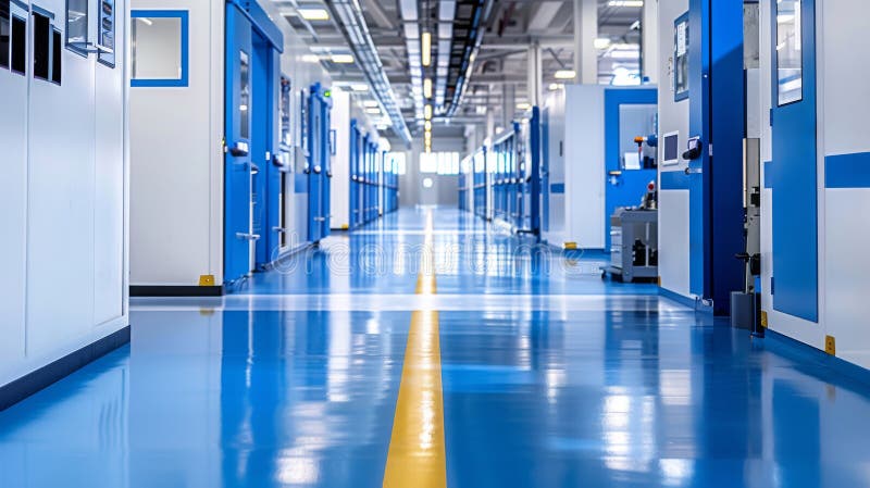 Clean Industrial Corridor with Blue and White Doors, Factory Interior ...