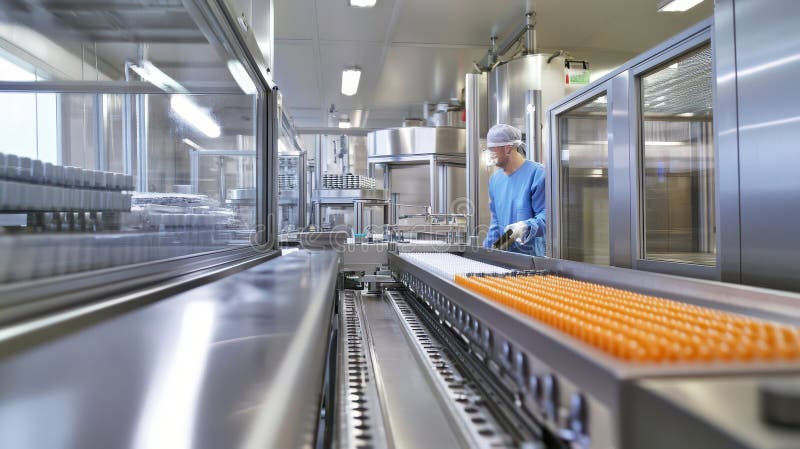 A Clean Industrial Setting with a Worker Overseeing a Production Line ...