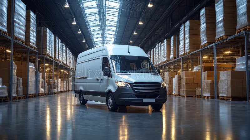 Clean Industrial Warehouse with Delivery Van and Stacked Boxes Stock ...